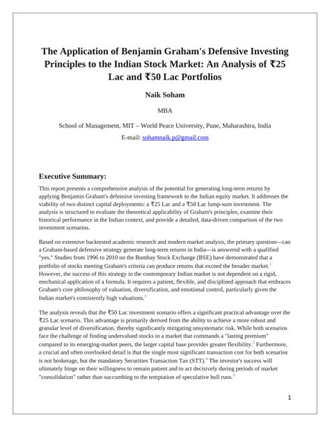 Pdf The Application Of Benjamin Grahams Defensive Investing