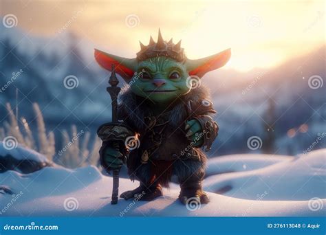 Cute Looking Orc Warrior Goblin Warlord In A Snowy Landscape