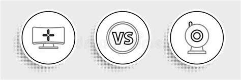Set Line Web Camera Computer Monitor And Vs Versus Battle Icon Vector Stock Vector