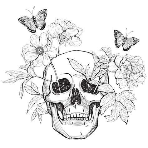 Premium Vector Skull Flowers And Butterfly