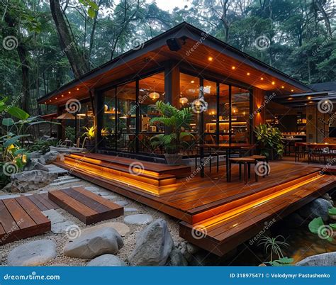 A Modern Restaurant In The Jungle With Wooden Decking Stock Image