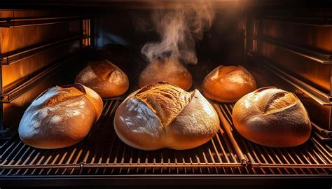 Loaves Of Bread Being Baked In A Traditional Oven With The Golden Crust