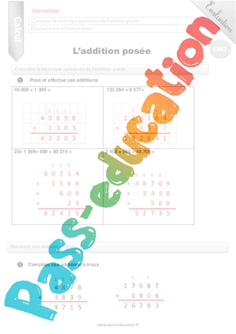 Addition Posée Cm2 Evaluation Bilan Cycle 3 Pdf à Imprimer