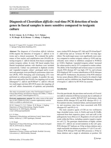 Pdf Diagnosis Of Clostridium Difficile Real Time Pcr Detection Of Toxin Genes In Faecal
