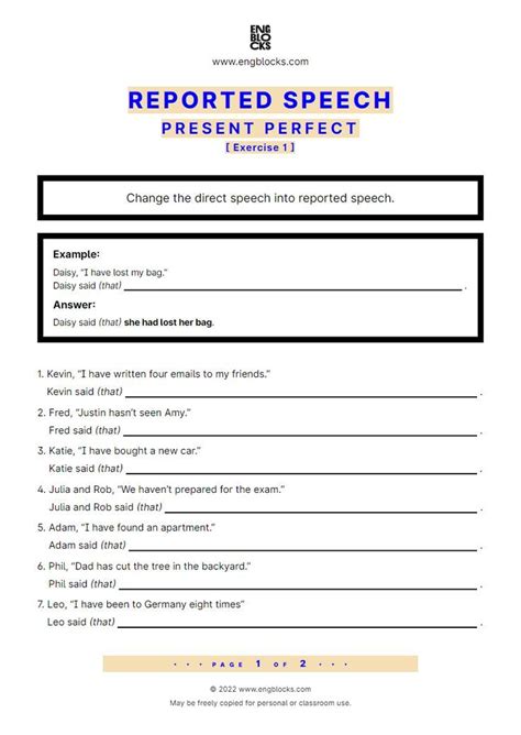 Reported Speech Present Perfect Exercise 1 Esl Worksheet Artofit