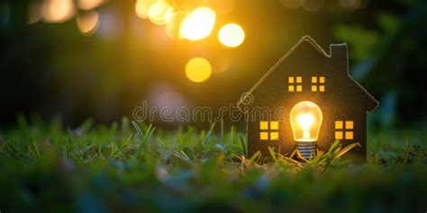 Energyefficient Model House With Glowing Lightbulb Symbolizing