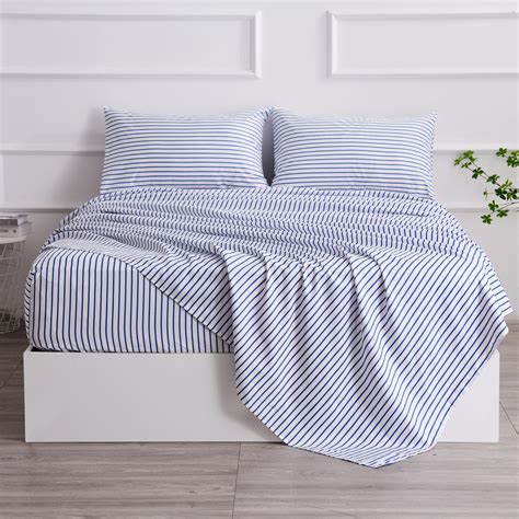 Queen Blue Striped Bed Sheet Set 4 Piece With 16 Inch Deep Pockets
