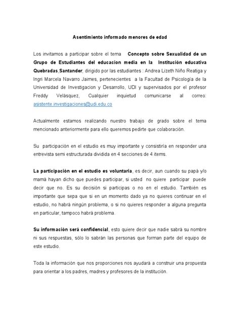 Asentimiento Informado Menores De Edad Pdf
