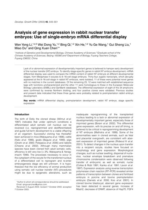 Pdf Analysis Of Gene Expression In Rabbit Nuclear Transfer Embryos Use Of Single Embryo Mrna