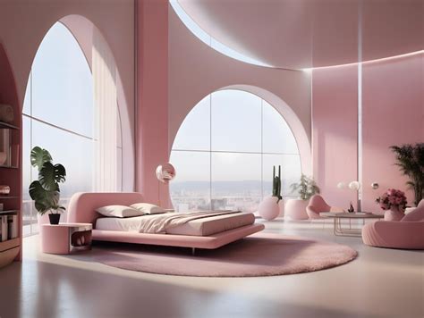 Premium Ai Image Minimalist Barbiecore Bedroom Interior Design Bed With Rug Modern And Futuristic