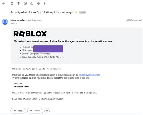 Robux Spend Attempt Security Alert Email Upon Purchasing Free Ugc From