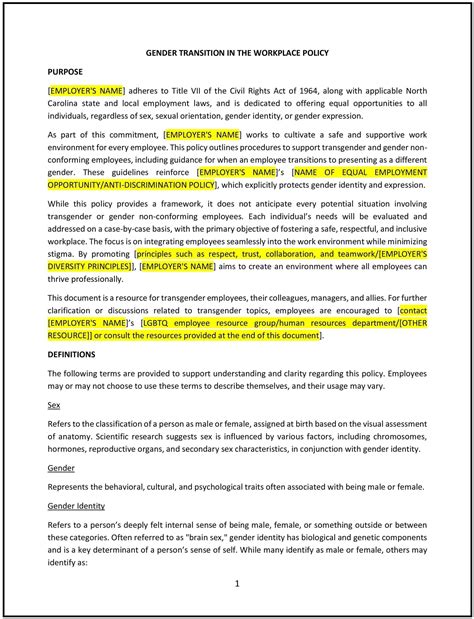 Gender Transition In The Workplace Policy North Carolina Free Template