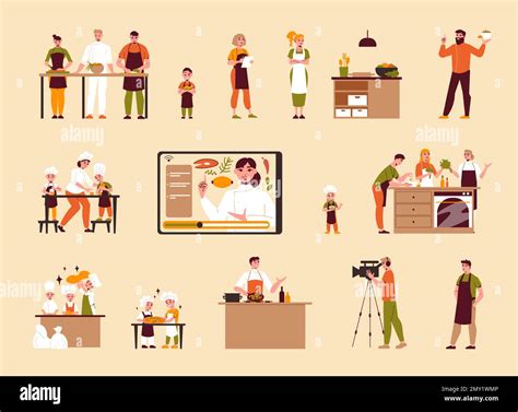Culinary Classes Color Set Of Professional Chefs Teaching Adults And