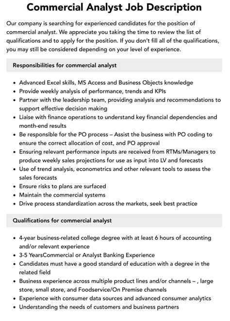 Commercial Analyst Job Description Velvet Jobs