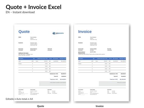 Quote Invoice Template Excel Pdf A4 Instant Download