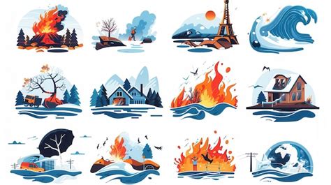 A Collection Of 12 Cartoon Illustrations Depicting Natural Disasters