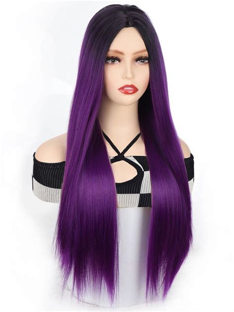 Ombre Long Straight Synthetic Wig Color Púrpura Para Cabello Pelo De