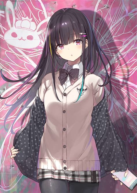 Pink Anime Girl With Black Hair And Eyes