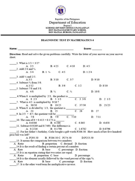 Pre Test Mathematics 6 Pdf Triangle Ratio