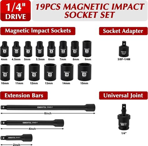 19pcs 14 Drive Magnetic Impact Socket Set 4 15mm 6 Point Shallow Cr
