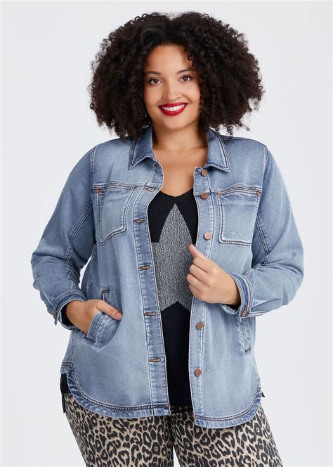 Shop Plus Size Denim Patch Pocket Shacket Blue Taking Shape Nz