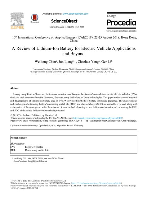 Pdf A Review Of Lithium Ion Battery For Electric Vehicle Applications