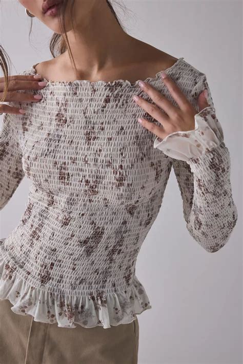 Kimchi Blue Susie Smocked Ruffle Boatneck Long Sleeve Top Urban