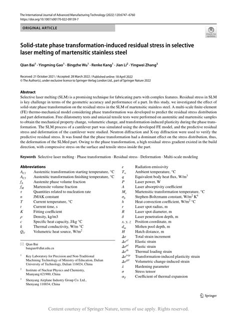 Solid State Phase Transformation Induced Residual Stress In Selective