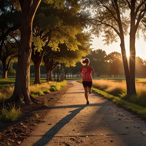 A Person Jogging Along A Scenic Park Trail During Golden Hour Stock