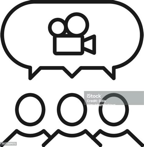 사람 직원 연설 거품 개념 웹 사이트 상점 온라인 코스 등을위한 벡터 라인 아이콘 사람들의 그룹에 대한 연설 거품의 내부 비디오 카메라의 표시 Brand Name