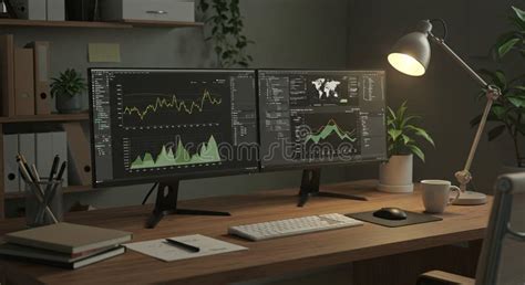 Modern Business Workspace With Dual Monitors And Data Analysis Charts