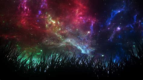 Magical Starry Sky By Night View From A Grass Field Loop Nature Landscape Background Stock