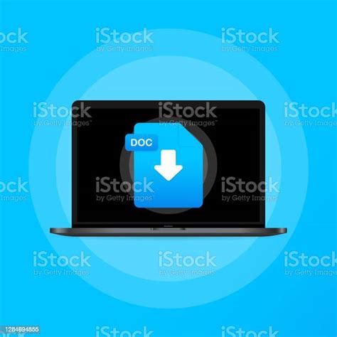 랩톱및 Doc 파일 아이콘을 다운로드합니다 문서 다운로드 개념입니다 Doc 레이블 및 아래쪽 화살표 기호입니다 격리된 배경의 벡터입니다 Eps 10 0명에 대한 스톡 벡터