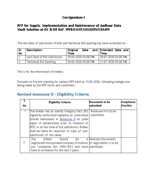 Revised Annexure D Eligibility Criteria Pdf Request For Proposal Databases