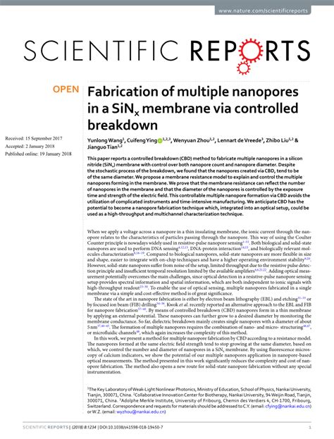 Pdf Fabrication Of Multiple Nanopores In A Sinx Membrane Via