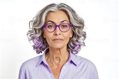 Portrait Of A Mature Woman With Gray Hair Wearing Purple Glasses