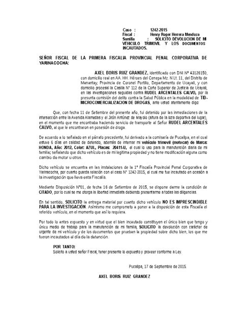 Modelo De Escrito Devolucion De Vehiculo Automovil Compress Caso