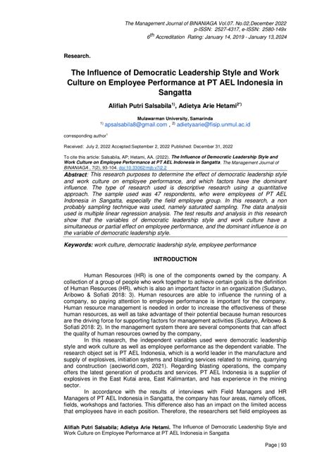 Pdf Influence Of Democratic Leadership Style And Work Culture On Employee Performance At Pt