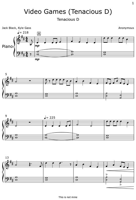 Video Games Tenacious D Sheet Music For Piano