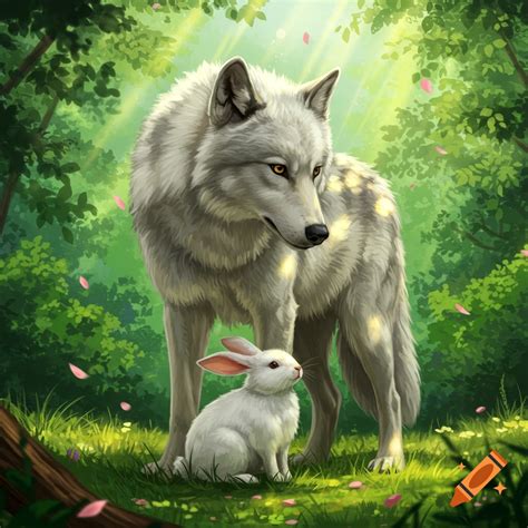 A Large White Wolf Stands Protectively Over A Small White Bunny In A