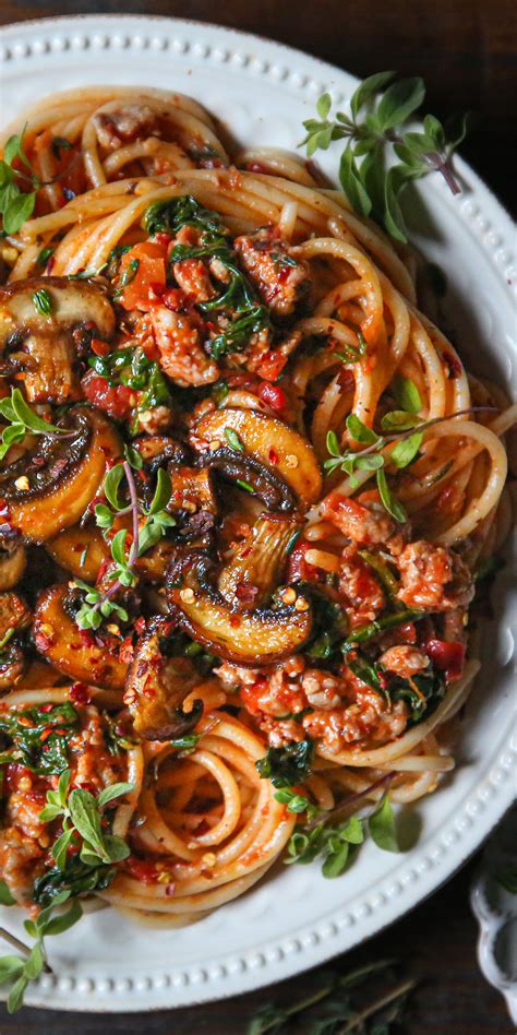 Sausage And Mushroom Pasta With Tomato Sauce And Spinach Dinner Casserole Recipes Fine