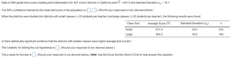 Solved Data On Fifth Grade Test Scores Reading And