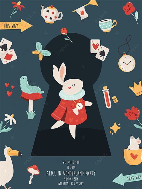 Party Invitation With White Rabbit And Other Symbols Of Alice In