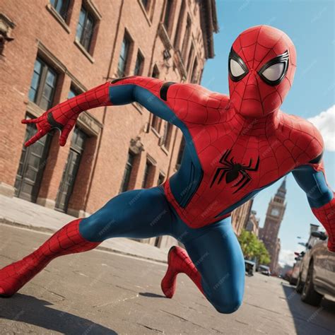 A Spiderman Is Running Down The Street In A Spiderman Suit Premium Ai