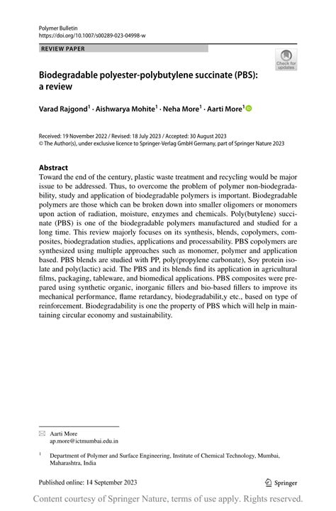 Biodegradable Polyester Polybutylene Succinate Pbs A Review