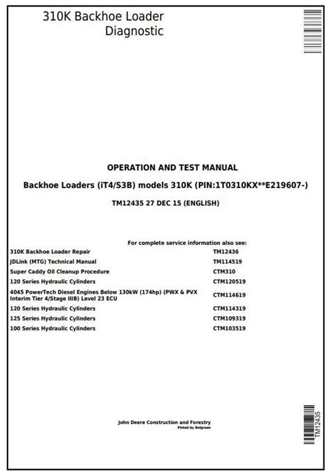 John Deere 310k Backhoe Diagnostic Operation Manual