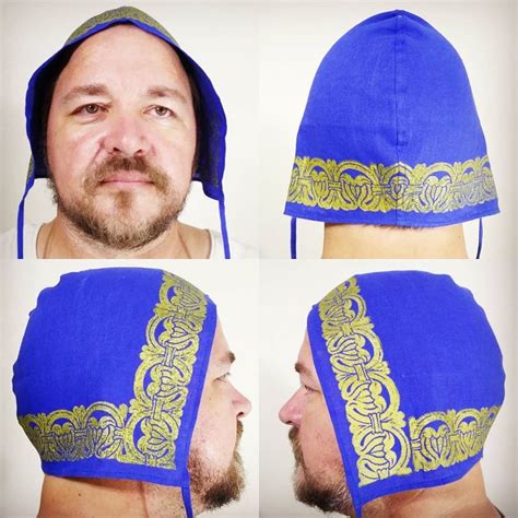 Large Linen Coifarming Cap In Blue With Premium Gold 12th Century
