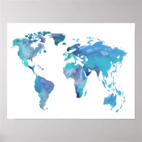 Watercolor Blue World Map Poster Zazzle