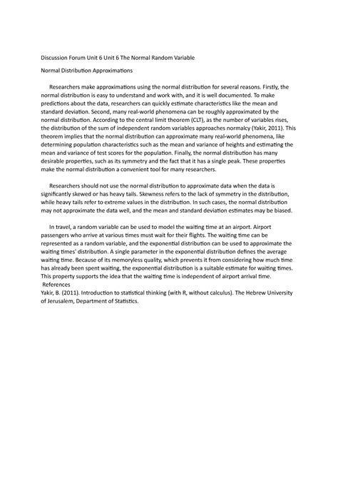 Discussion Forum Unit 6 Unit 6 The Normal Random Variable Discussion