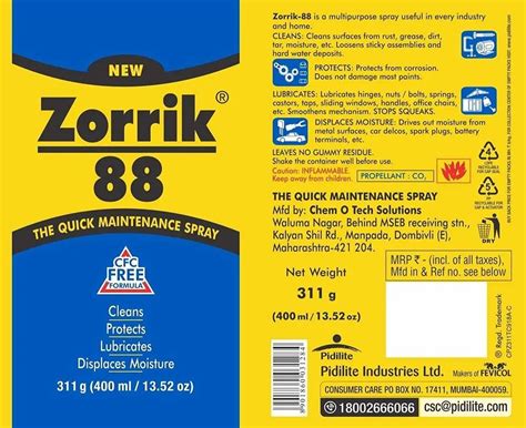Liquid Pidilite Zorrik 88 Rust Remover Packaging Type Bottle